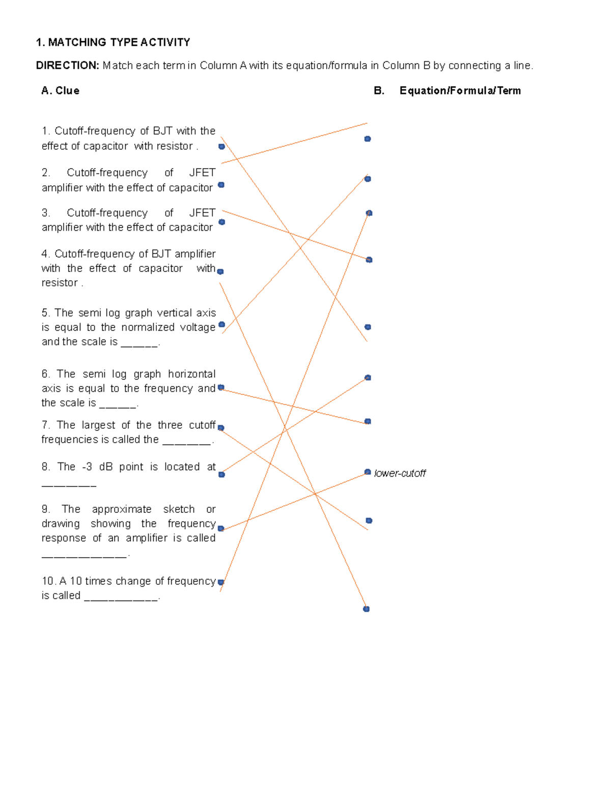 Cut-off frequency - 1. MATCHING TYPE ACTIVITY DIRECTION: Match each term in Column A with its ...