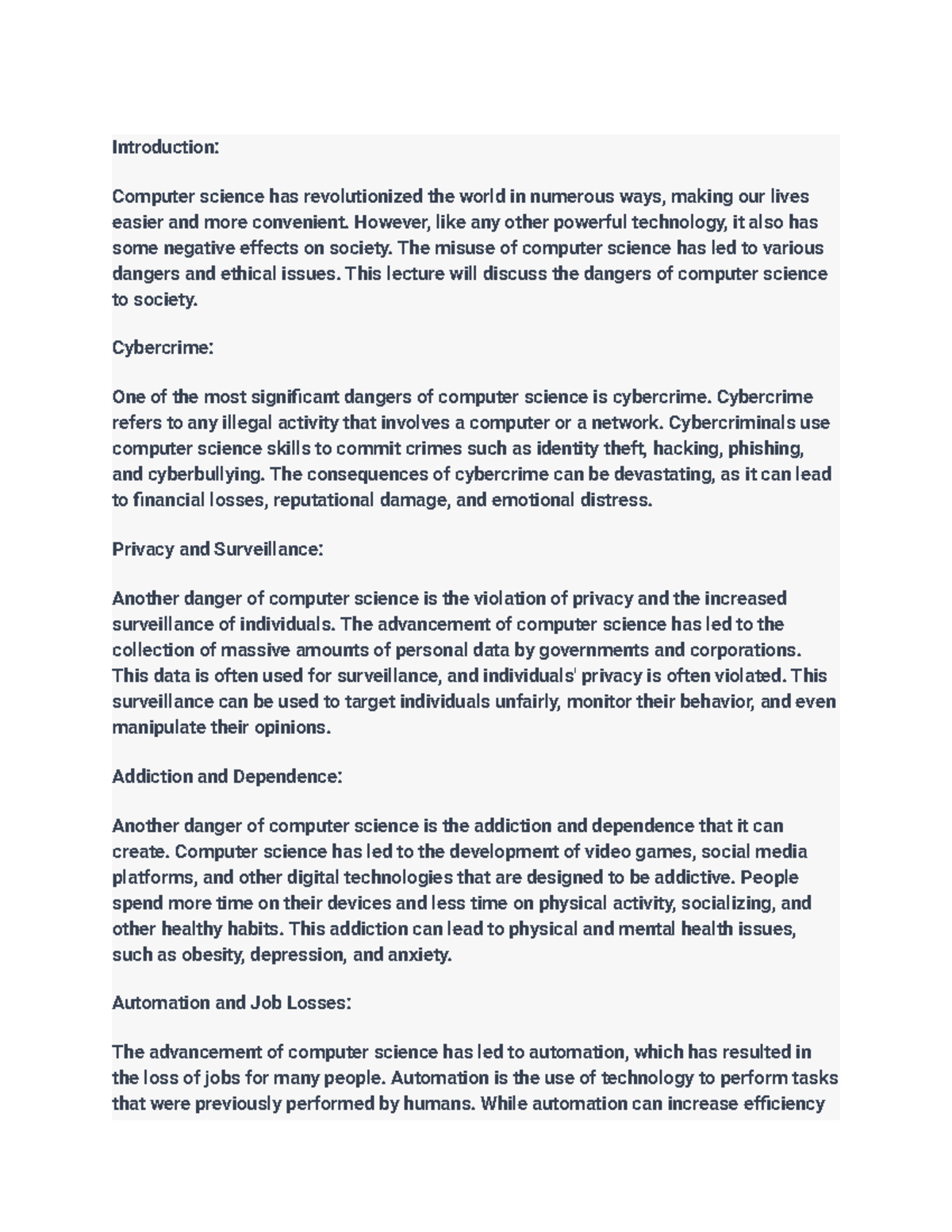 Dangers Of Computer Science To Society Introduction Computer Science