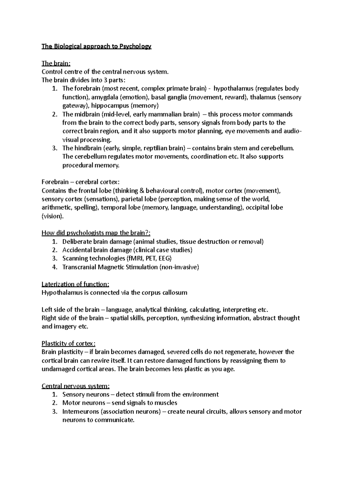 The Biological approach to Psychology - The brain divides into 3 parts ...