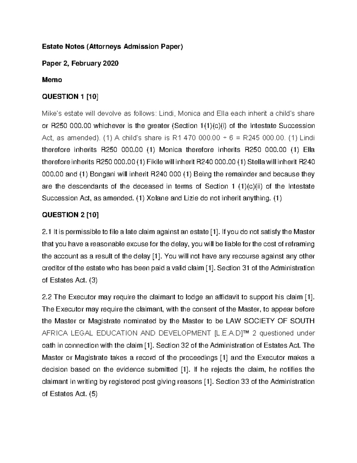 Paper 2 Attorneys Admission Examination February 2020 Memorandum ...