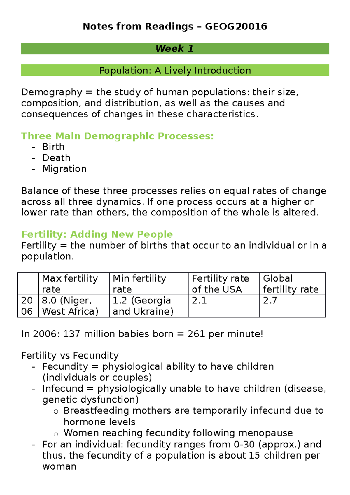 Notes from Readings - Three Main Demographic Processes: - Birth - Death ...