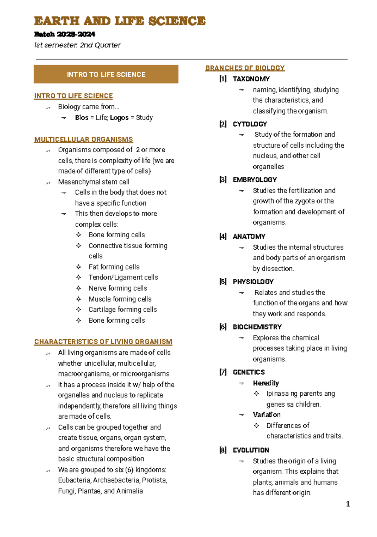 Earth Life Science notes (B5) - Batch 2023- 1st semester: 2nd Quarter ...