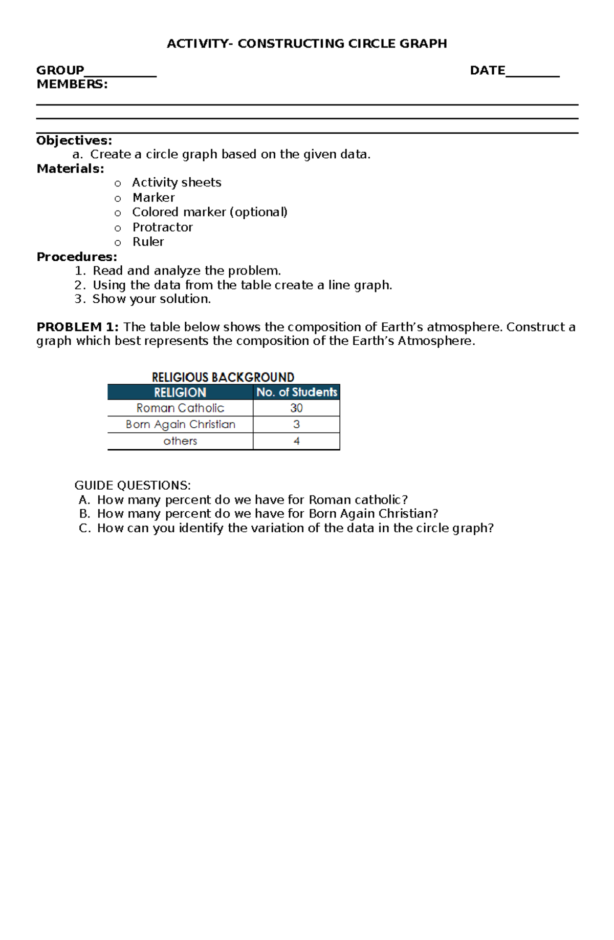 CIRCLE GRAPH ACTIVITY SHEETS - ACTIVITY- CONSTRUCTING CIRCLE GRAPH GROUP____________ DATE ...