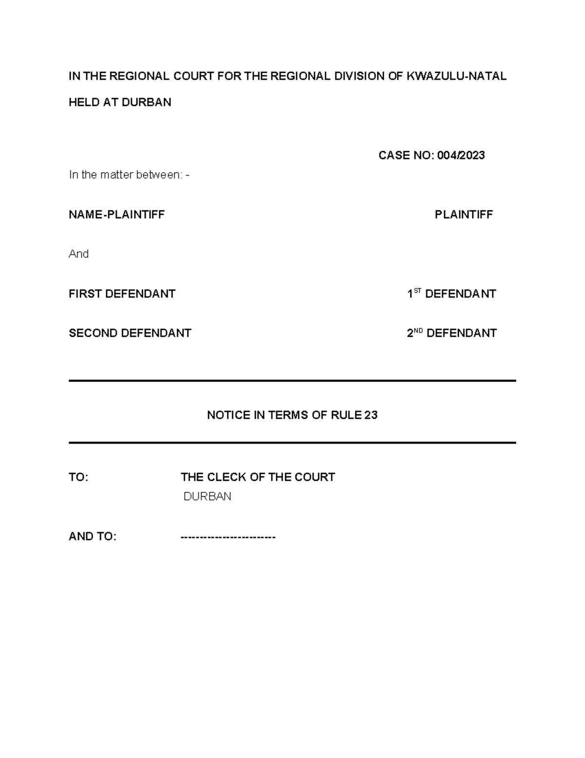 Magistrate Notice-RULE 23 - IN THE REGIONAL COURT FOR THE REGIONAL ...