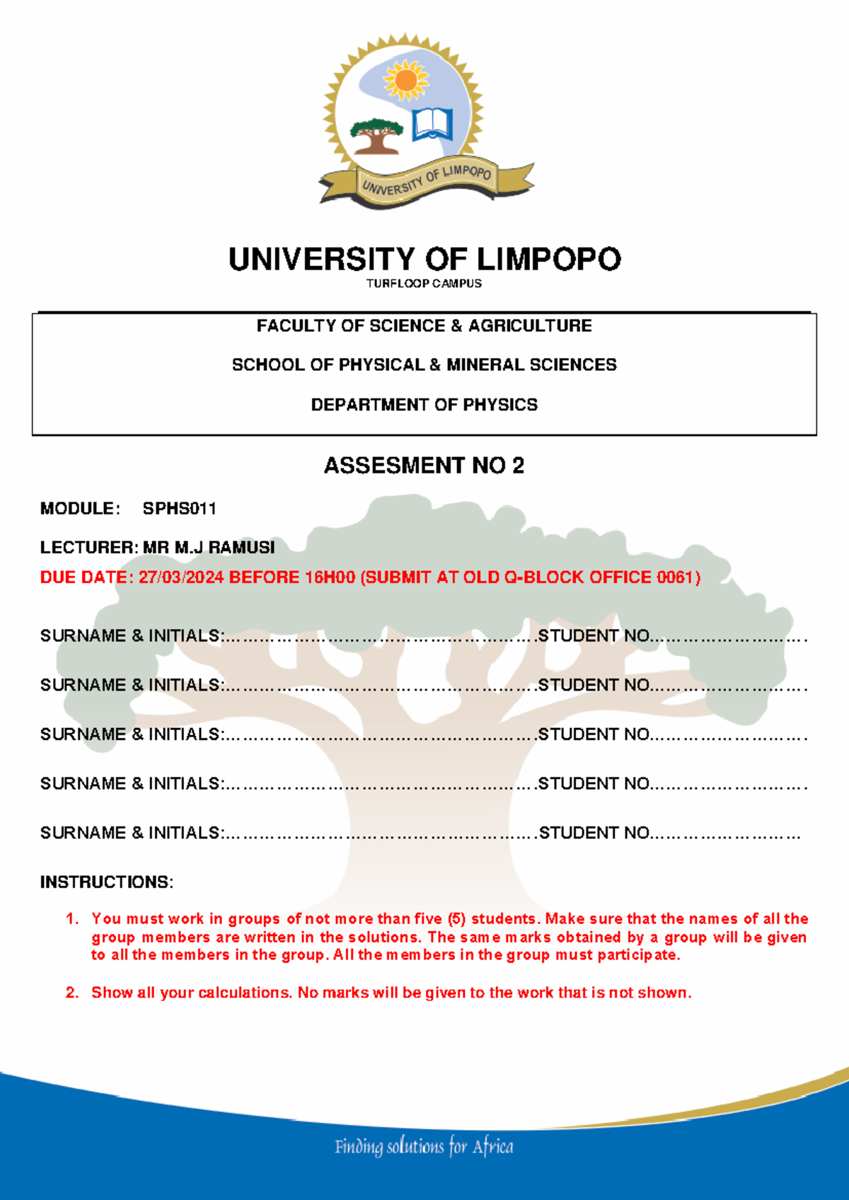 Assessment NO22 - electrostatics - UNIVERSITY OF LIMPOPO TURFLOOP ...