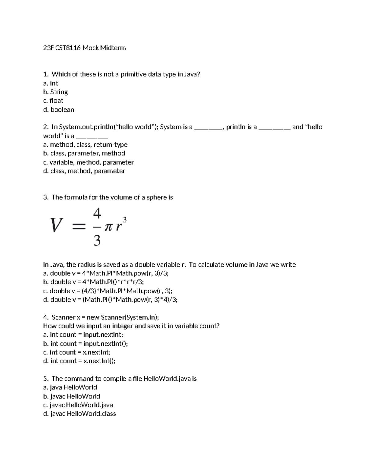 23f Cst8116 Mock Midterm 23f Cst8116 Mock Midterm Which Of These Is Not A Primitive Data Type
