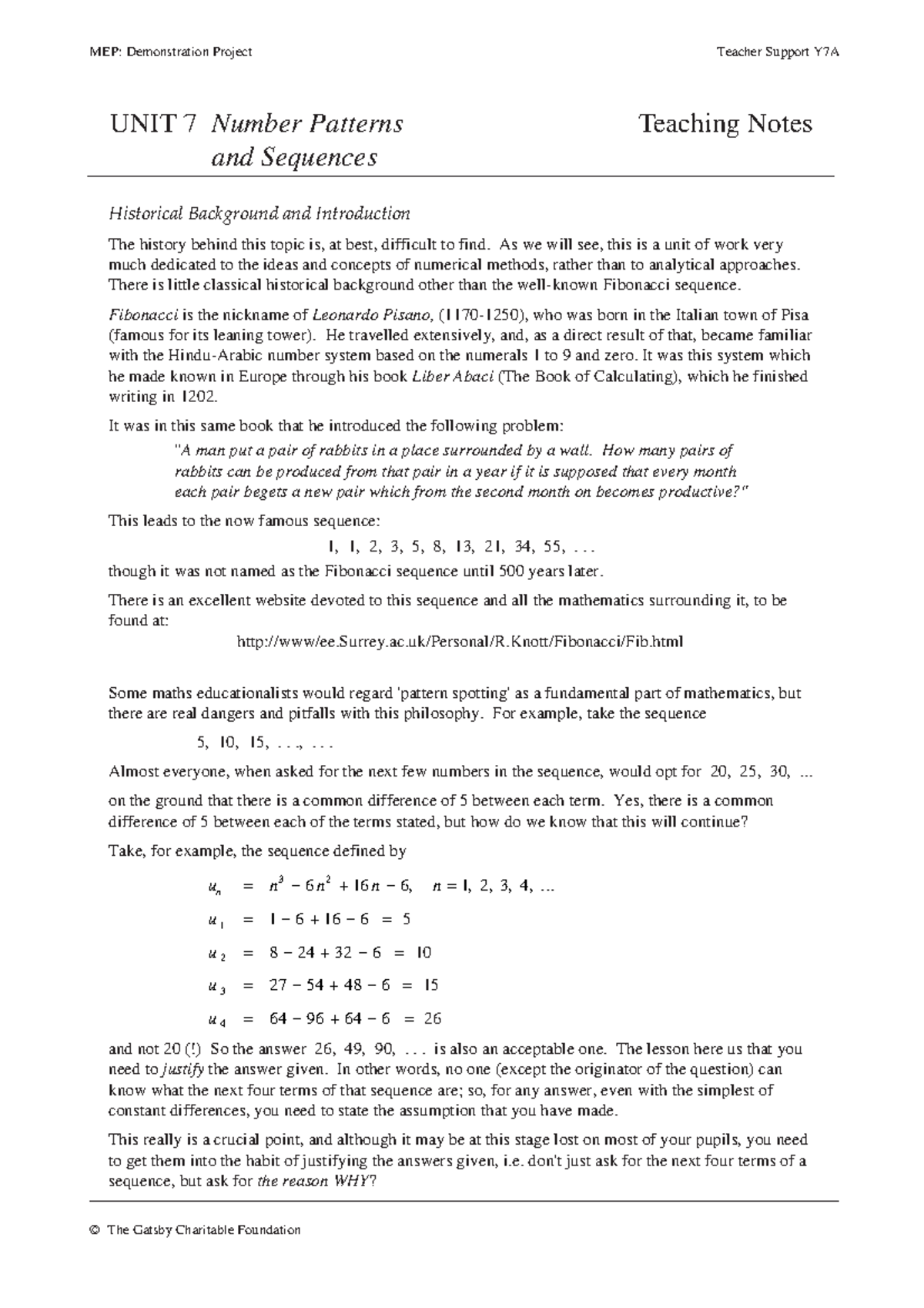 Unit 7 Number patterns and sequences teaching notes - MEP ...