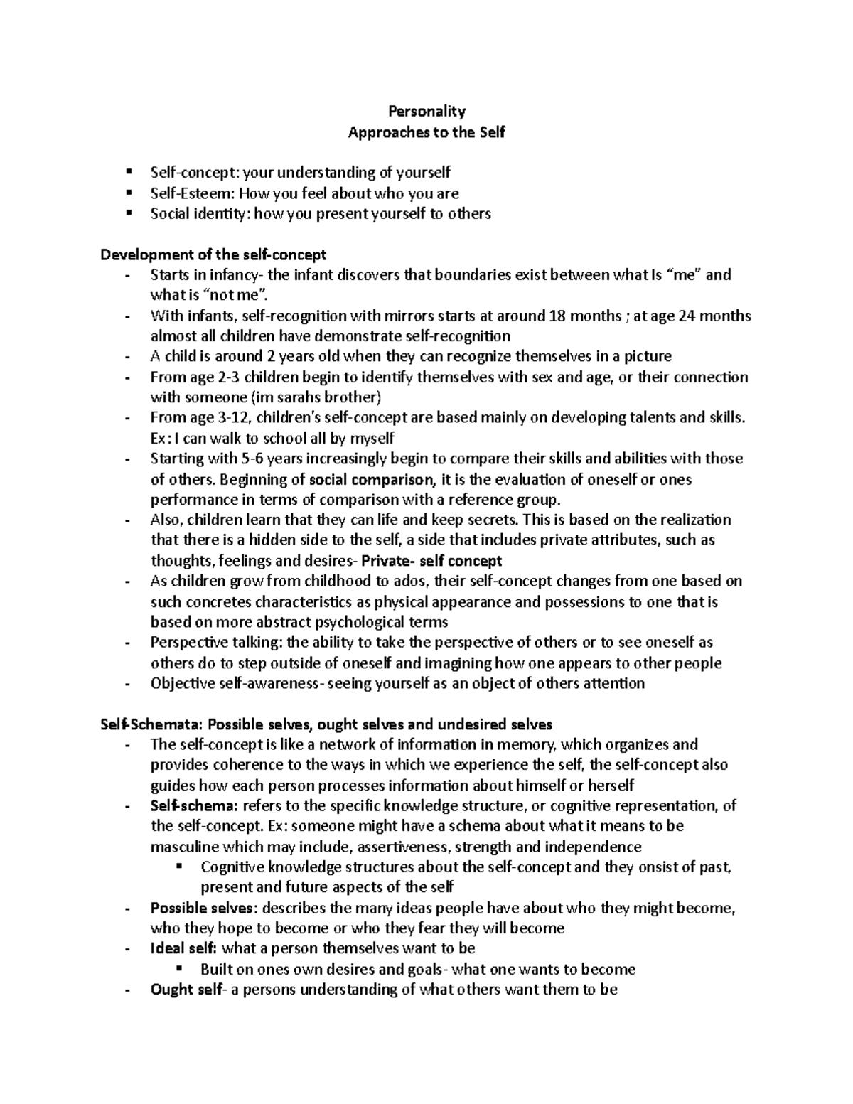 Personality the self - Summary notes of Chapter - Personality ...