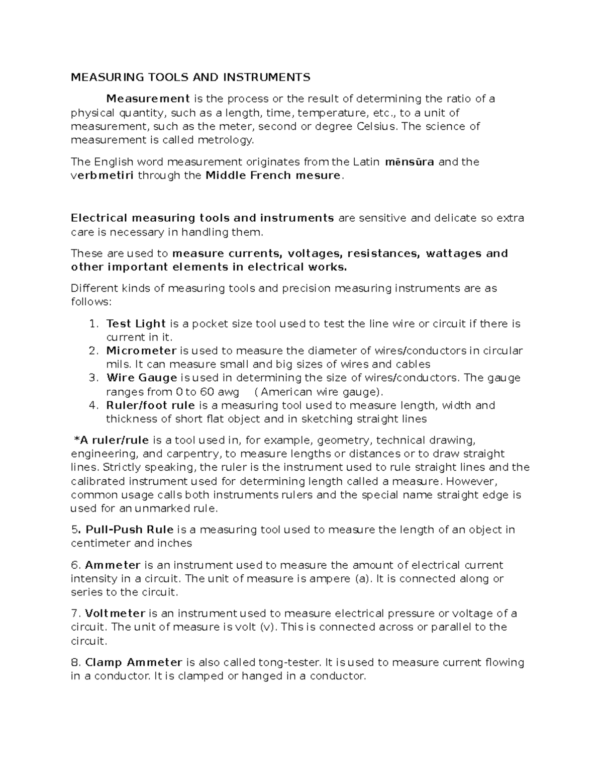 Measuring tools - MEASURING TOOLS AND INSTRUMENTS Measurement is the ...