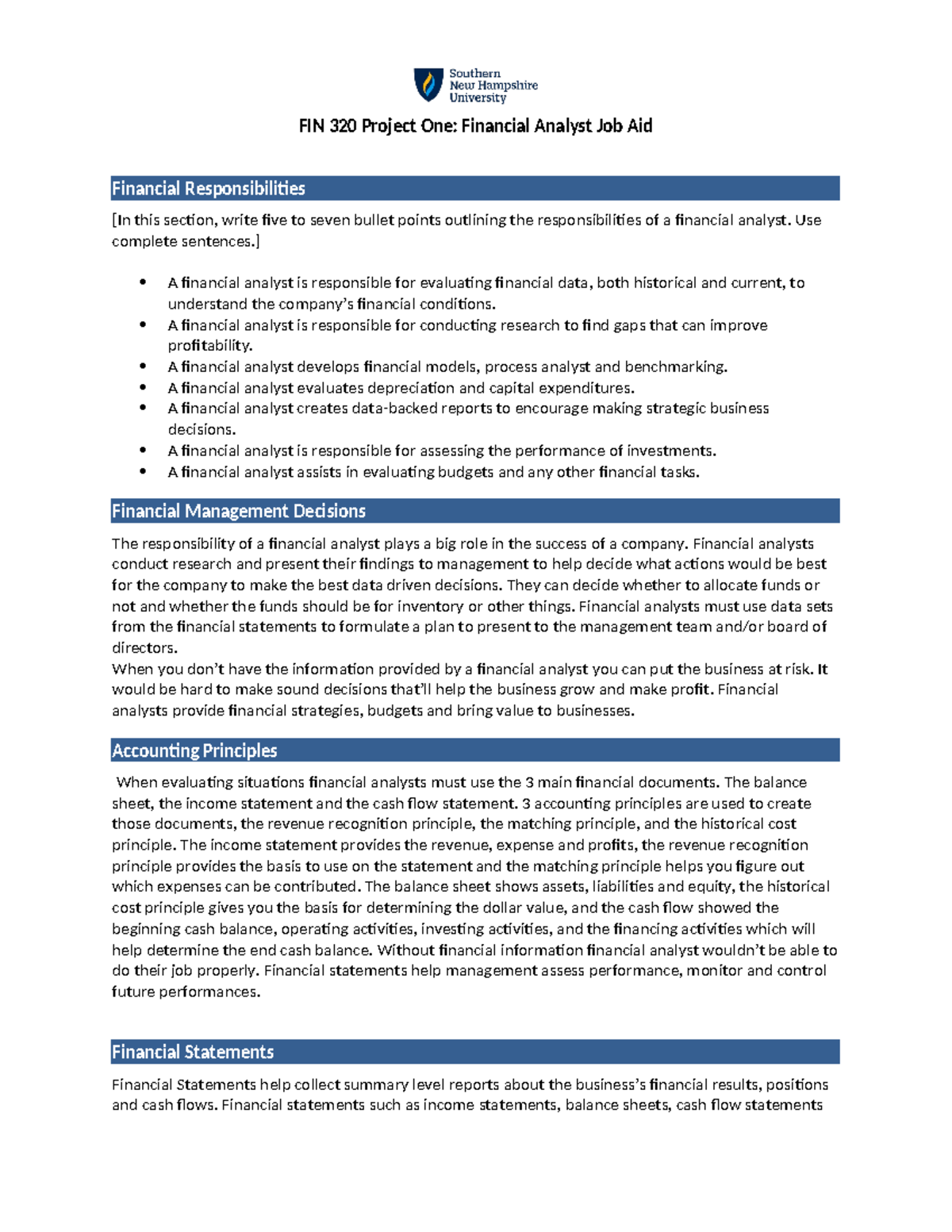 FIN 320 Project One Financial Analyst Job Aid - Use complete sentences ...