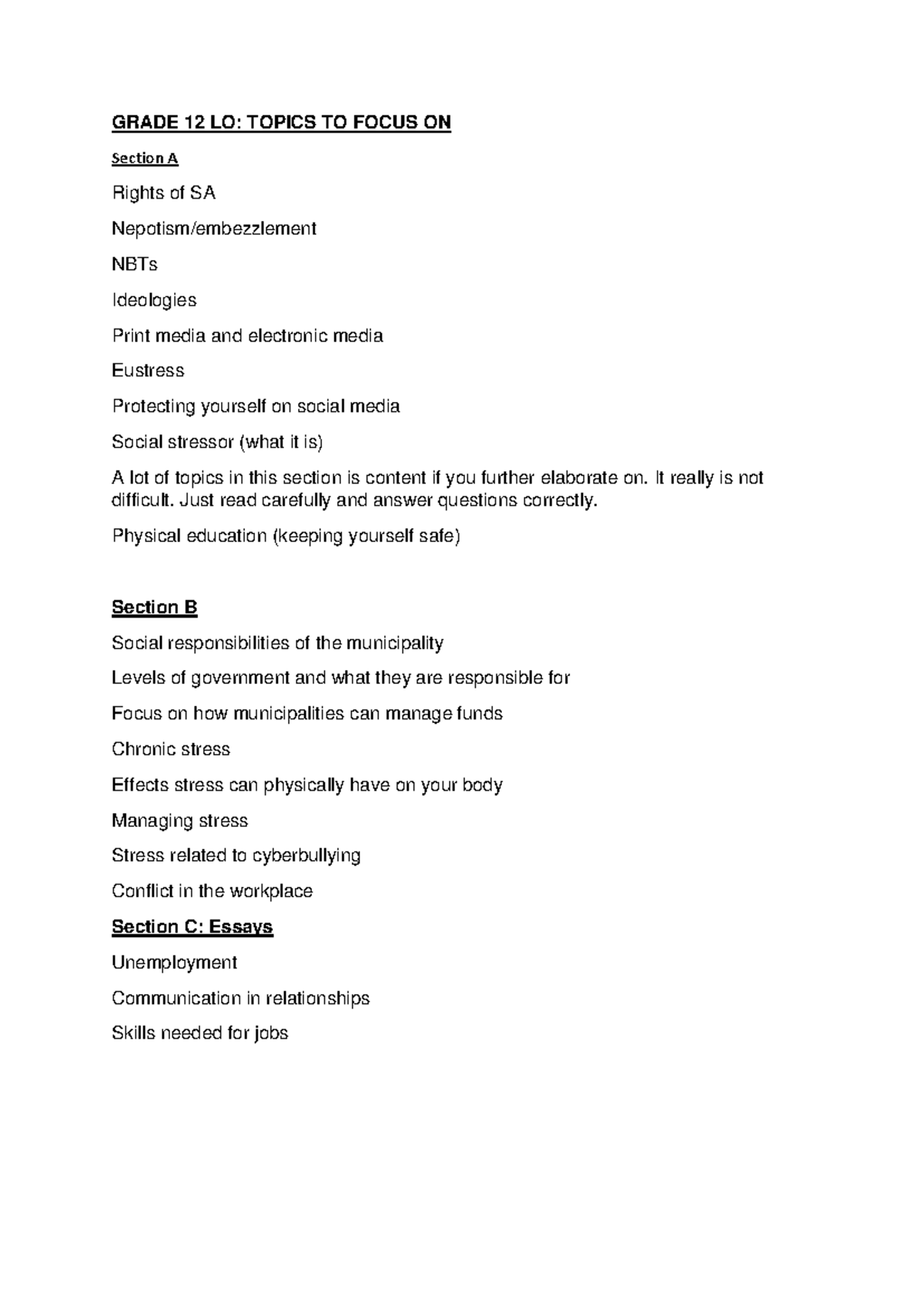 Grade 12 LO Scope - GRADE 12 LO: TOPICS TO FOCUS ON Section A Rights of ...
