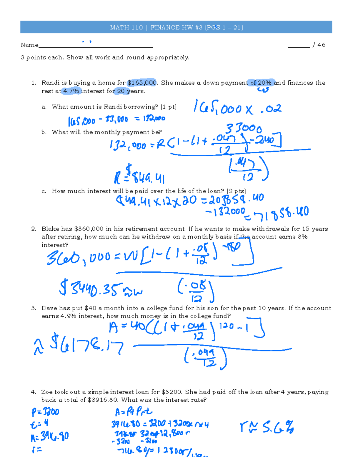 Finance HW 3 - MATH 110 | FINANCE HW #3 (PGS 1 – 21) Name