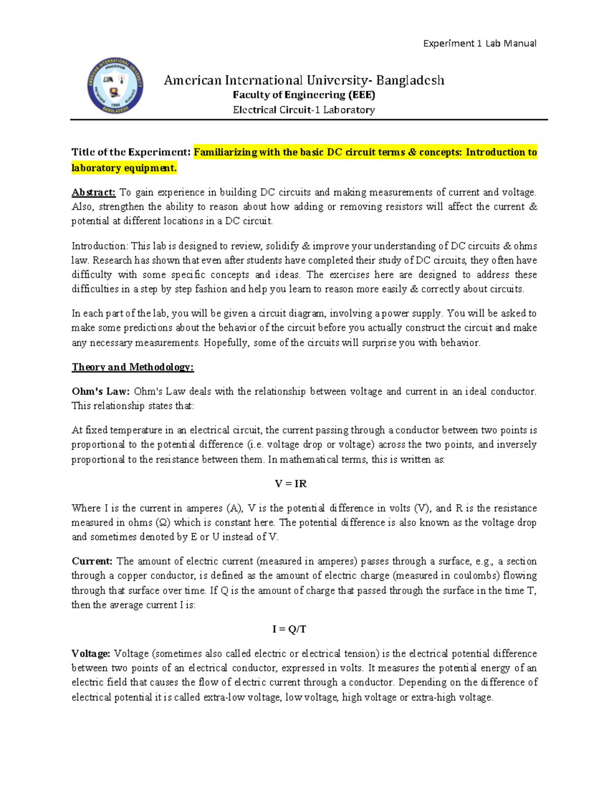 DC EXP 1 Student Manual - Experiment 1 Lab Manual American International University- Bangladesh ...