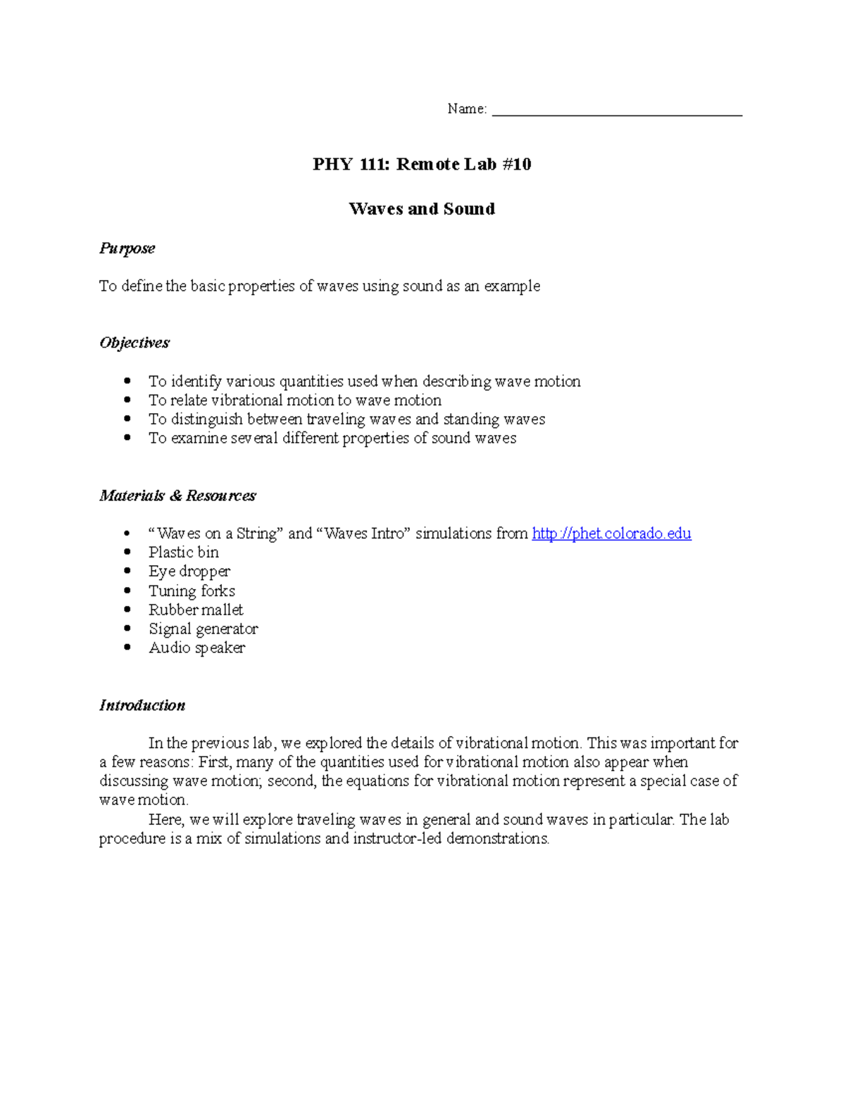 Phy 111 remote lab 10 - waves and sound - PHY 111L - USM - Studocu