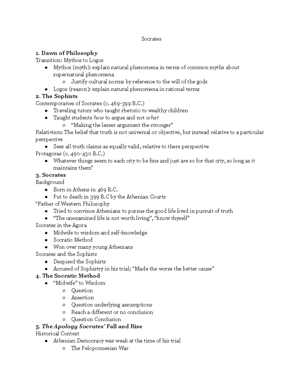 Socrates Class Notes - Socrates 1. Dawn of Philosophy Transition ...