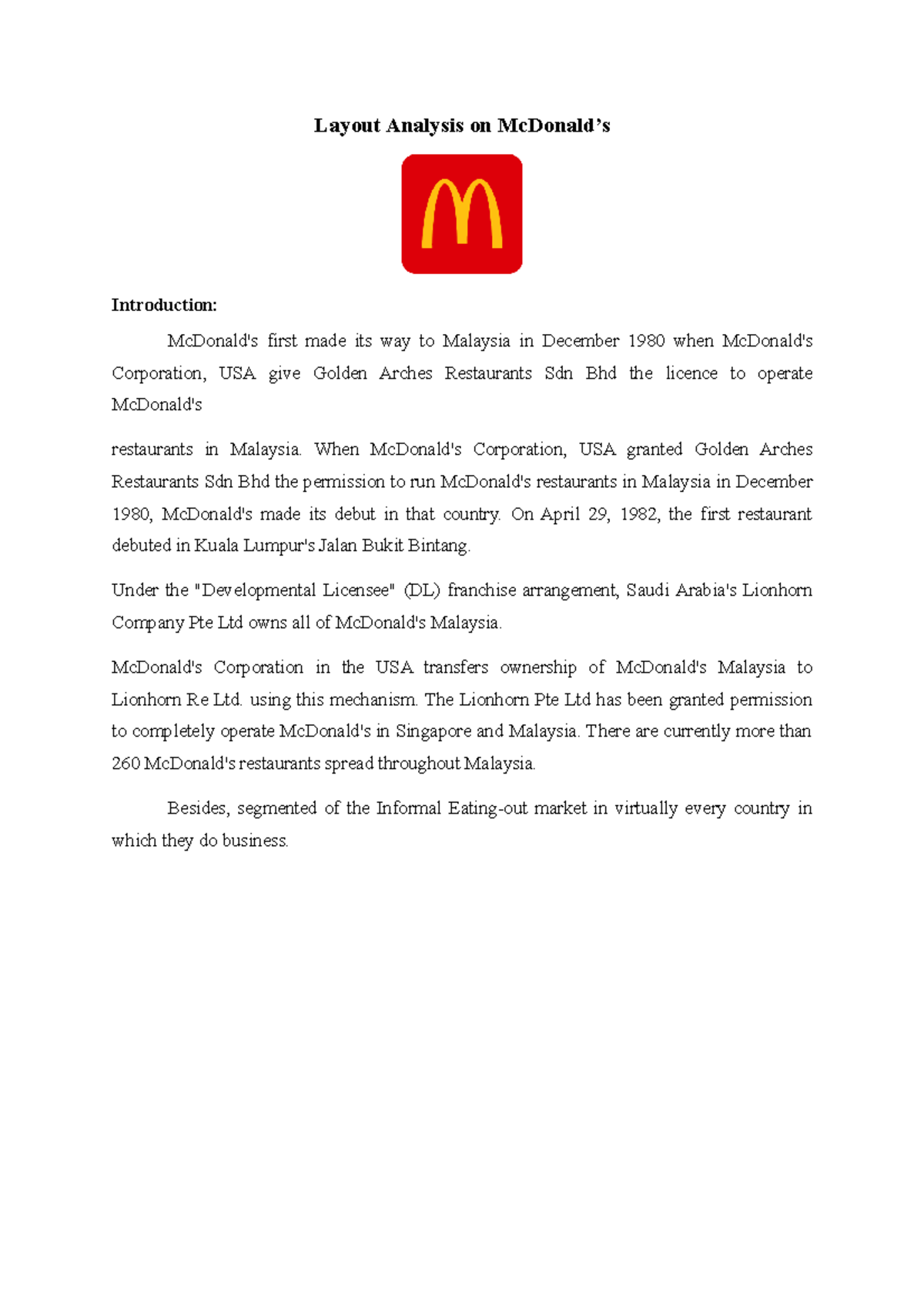 Layout Analysis on Mc Donald - Layout Analysis on McDonald’s ...