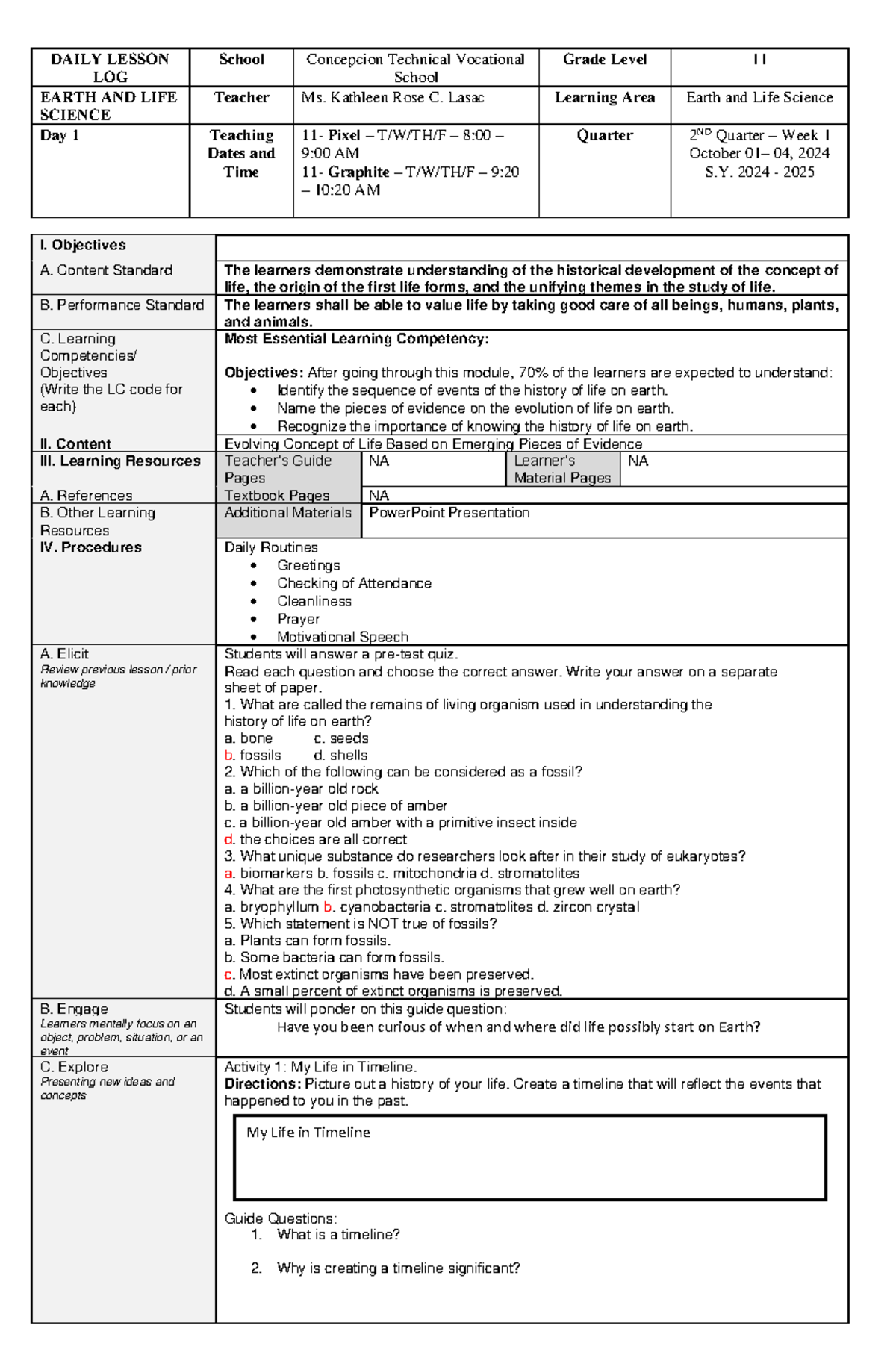 WEEK 1 EALS Lesson PLAN Lasac - DAILY LESSON LOG School Concepcion ...