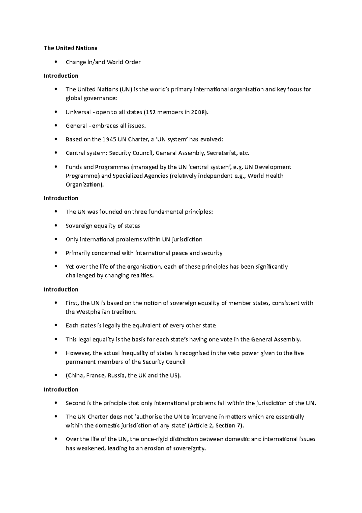 United Nations Part 1 - Lecture notes 16 - The United Nations Change ...