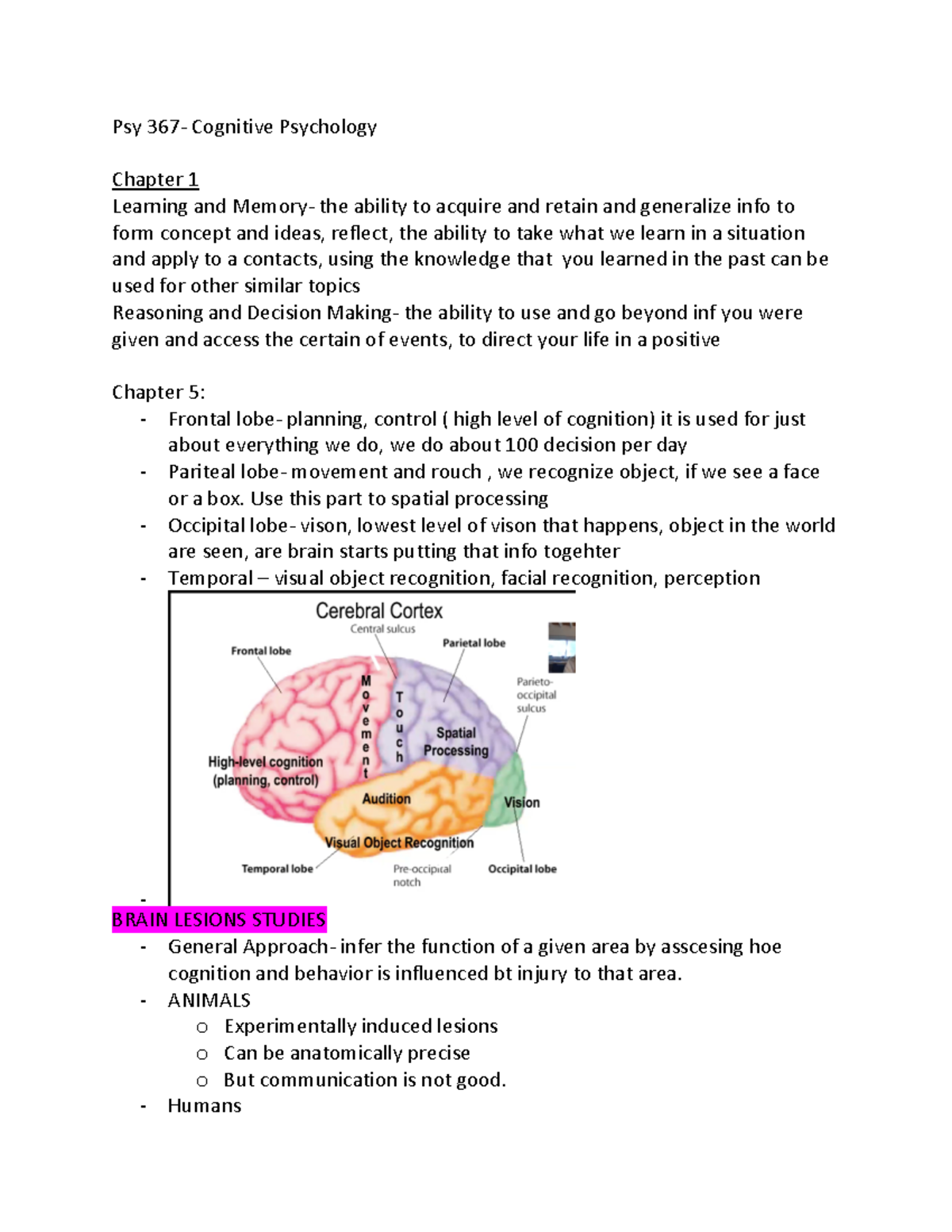 Psy 367 Notes Psy 367 Cognitive Psychology Chapter 1 Learning And Memory The Ability To
