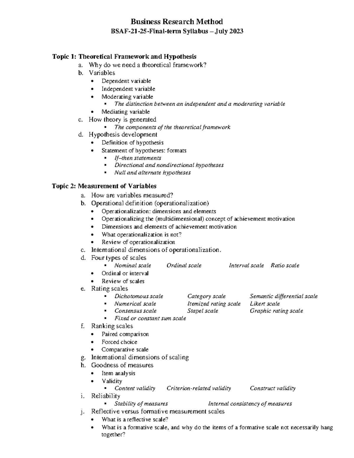 BRM-Final-Term Sylabus - Business Research Method BSAF-21-25-Final-term Syllabus – July 2023 ...
