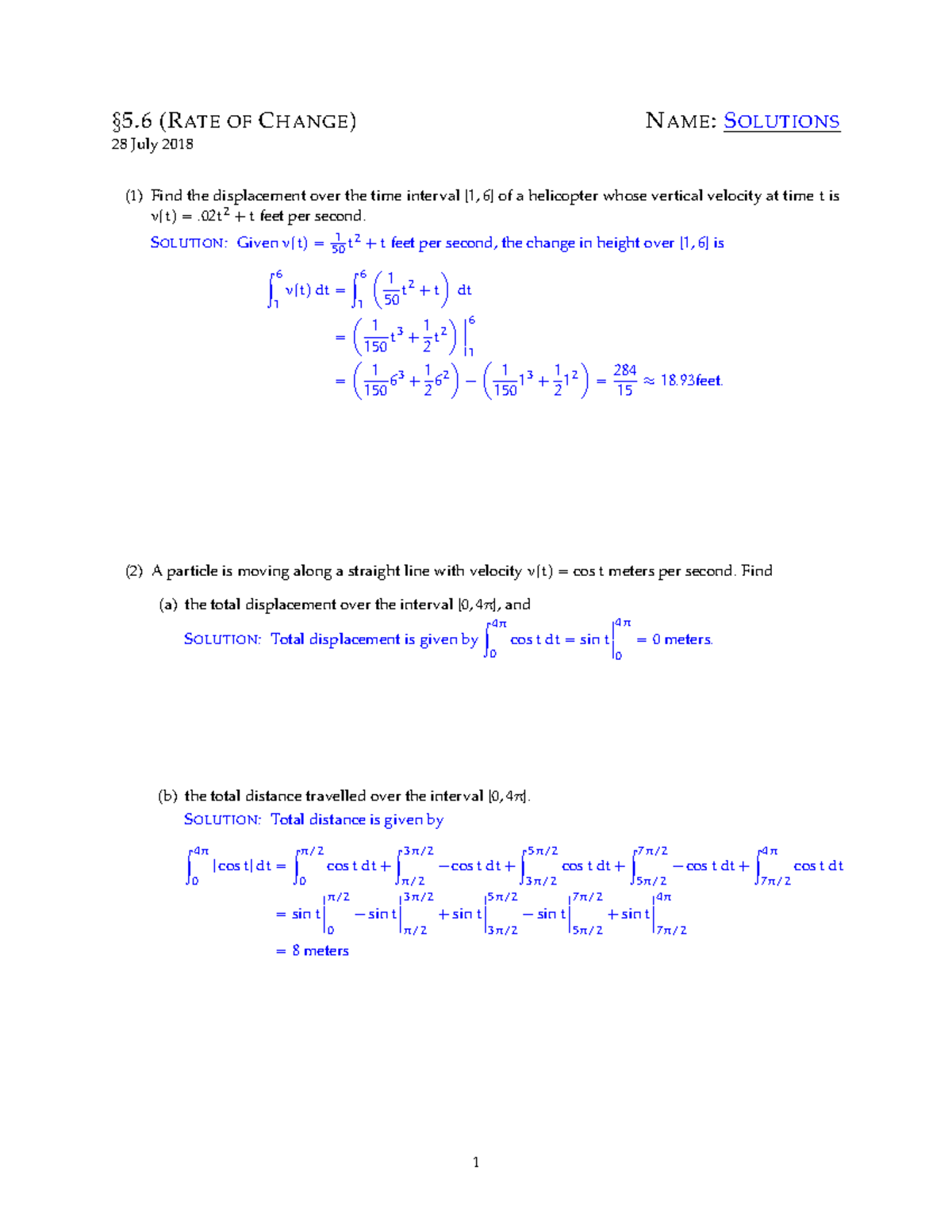 18su 1910 handout 04 solutions - §5 (RATE OF CHANGE) NAME: SOLUTIONS 28 ...