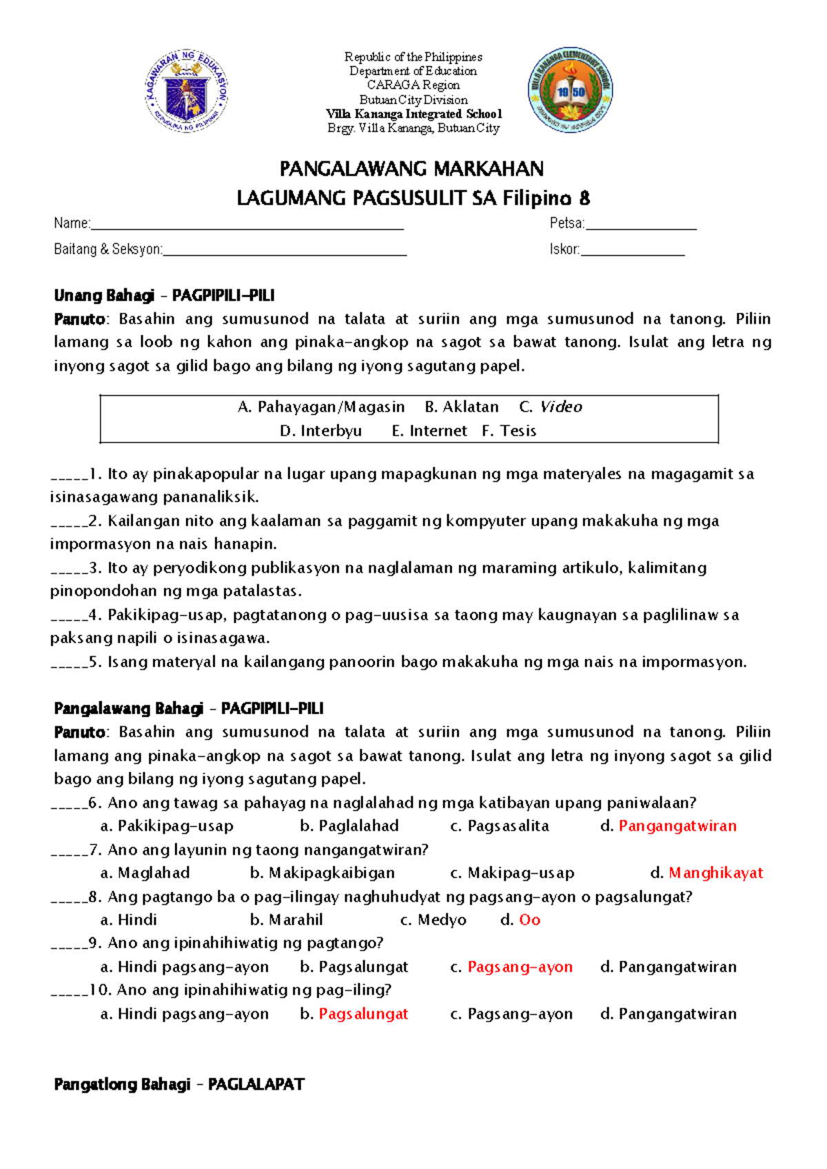 Filipino-8-exam-2nd compress - Department of Education CARAGA Region ...