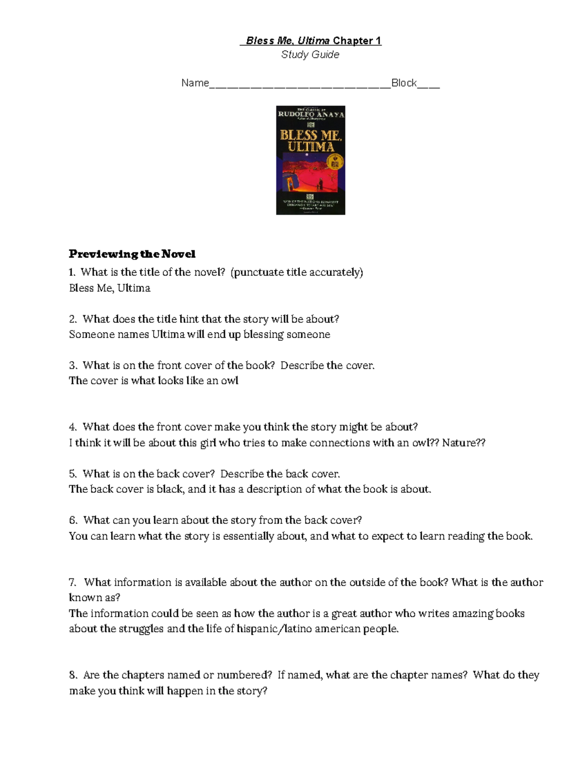 Bless Me Ultima Chapter 1 Study Guide Preview - Studocu