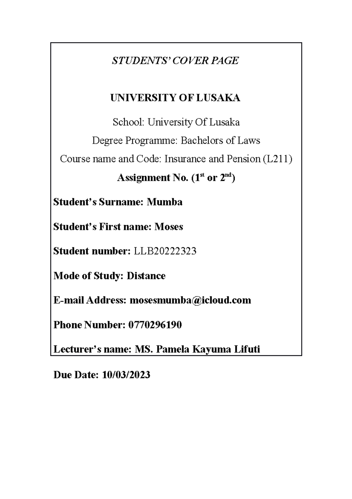 Insurance law assingment - STUDENTS’ COVER PAGE UNIVERSITY OF LUSAKA ...