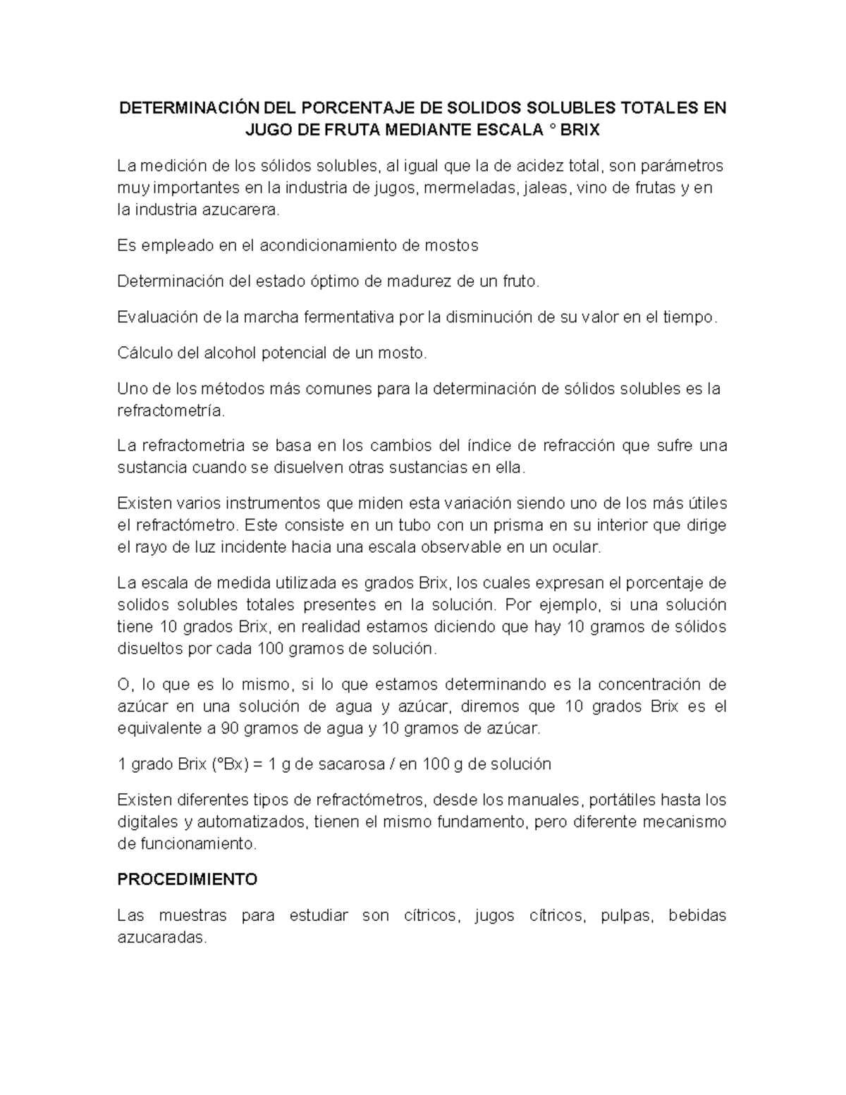 Determinación DEL Porcentaje DE Solidos Solubles Totales EN JUGO DE ...