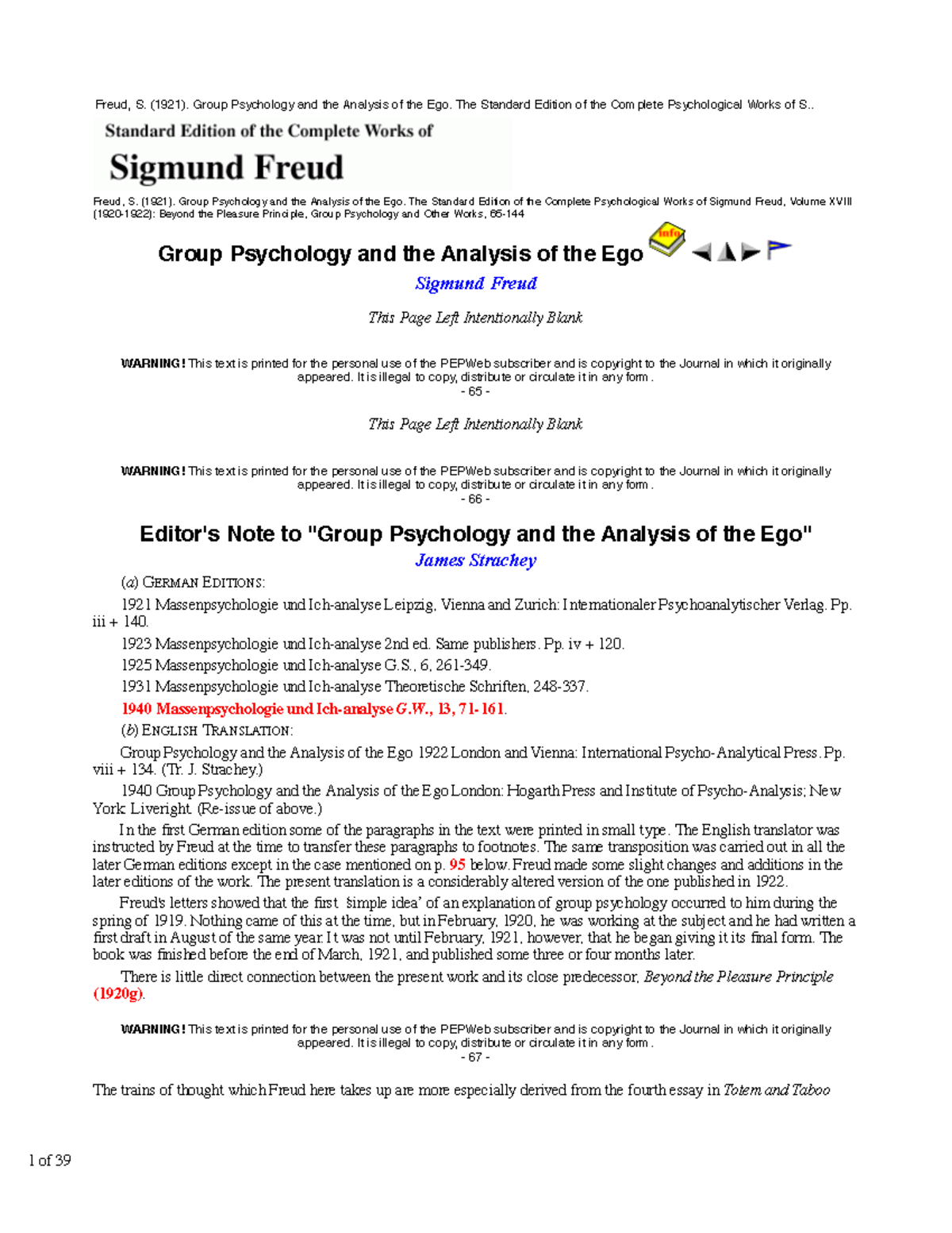Freud Group Psychology - Freud, S. (1921). Group Psychology and the ...