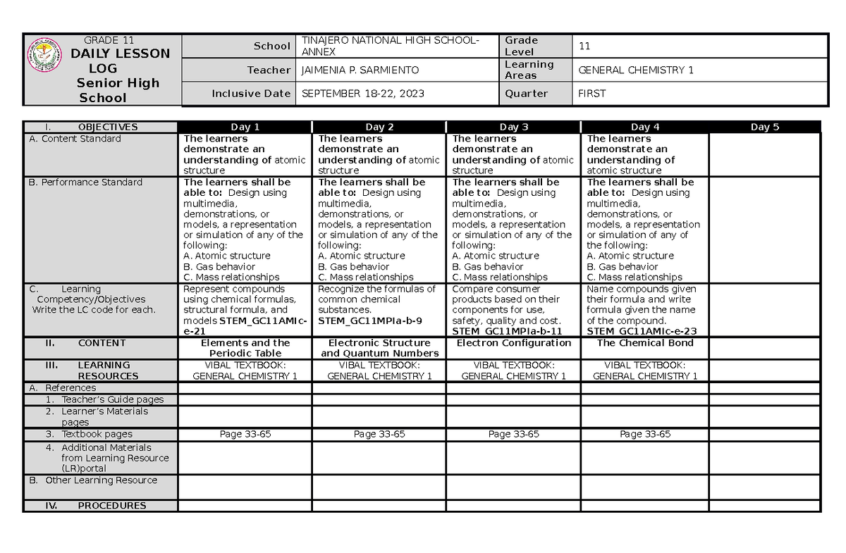 DLL WEEK 4 General Chem 1 - GRADE 11 DAILY LESSON LOG Senior High ...