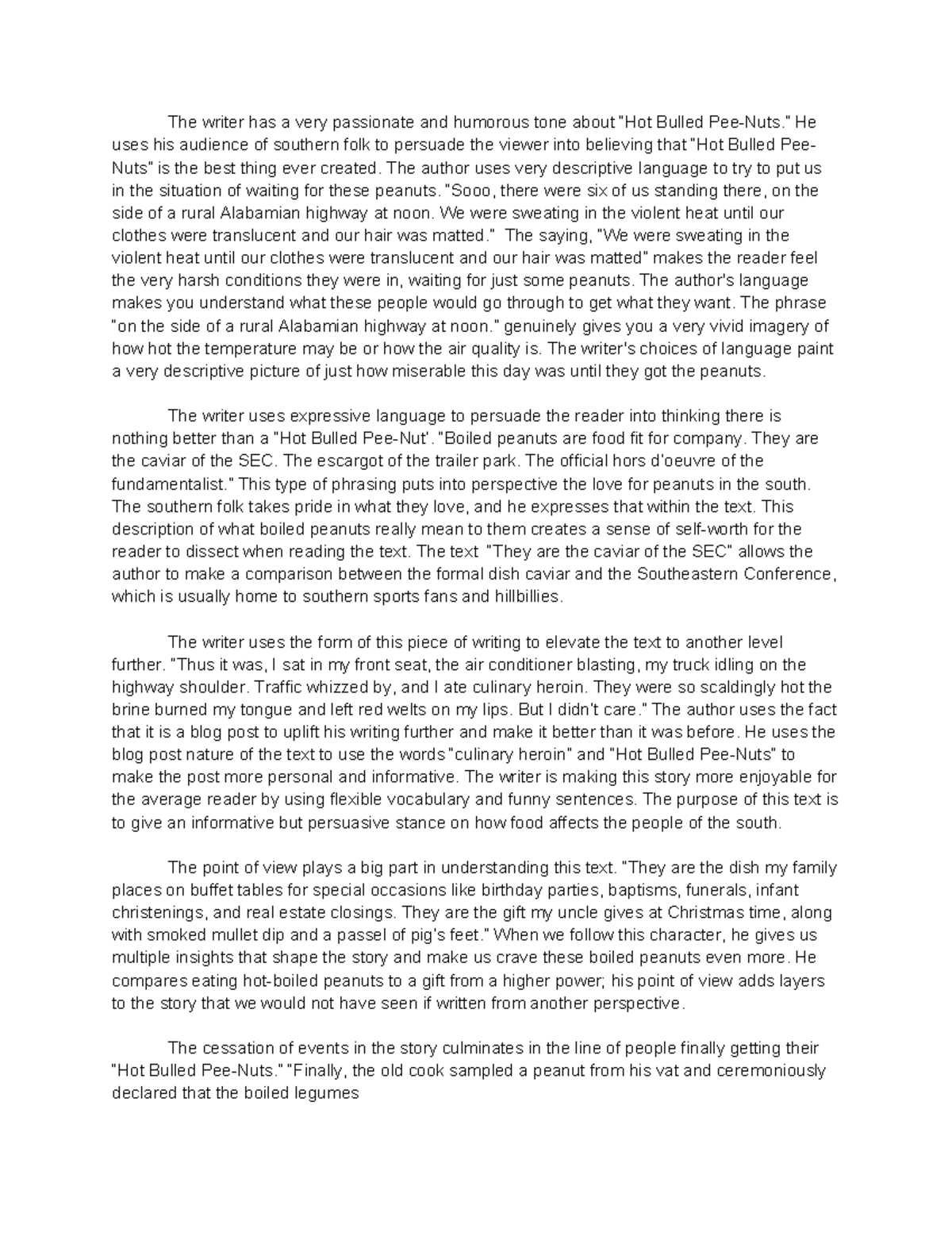 Analysis essay FOR - The writer has a very passionate and humorous tone about “Hot Bulled Pee ...