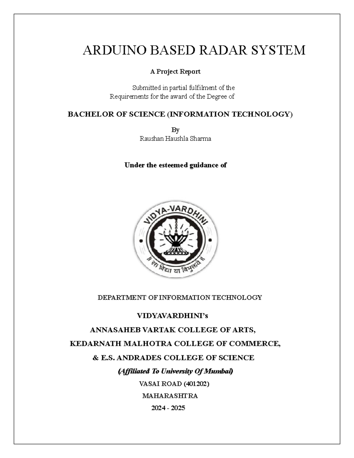 Radar project - ARDUINO BASED RADAR SYSTEM A Project Report Submitted ...