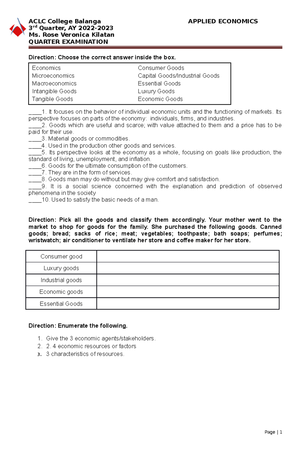 Applied Econ - 2nd Quarter Examination - ACLC College Balanga APPLIED ...