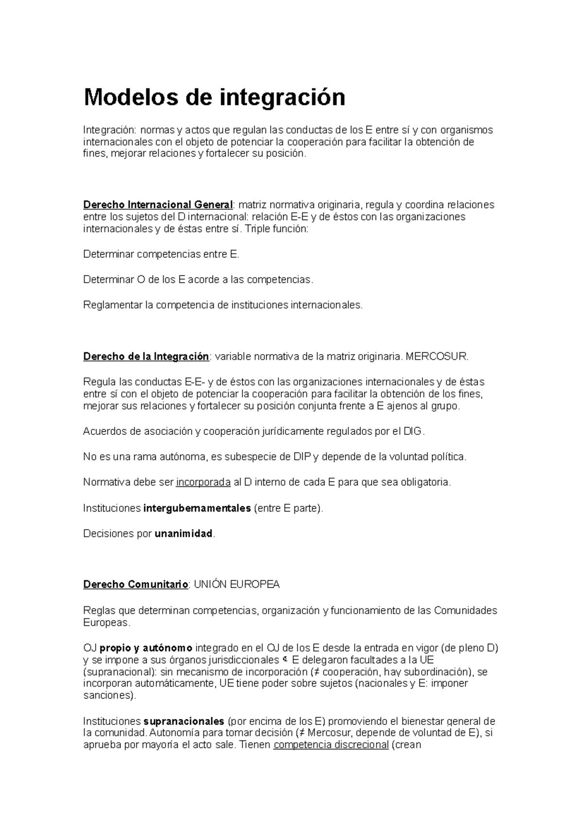 Resumen integracion 1er - Modelos de integración Integración: normas y ...