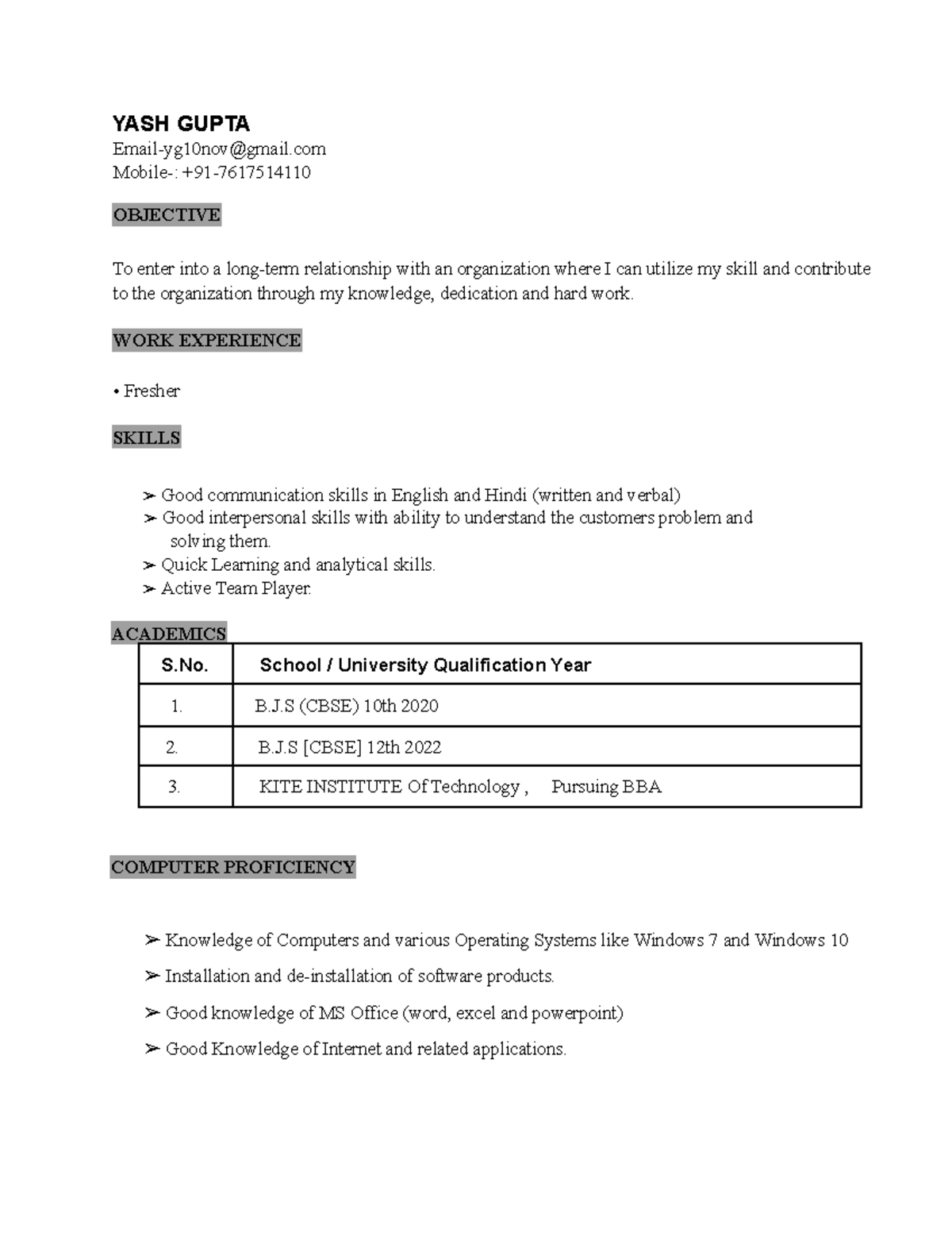 Yash-Resume - I want to see my practical notes - YASH GUPTA Email ...