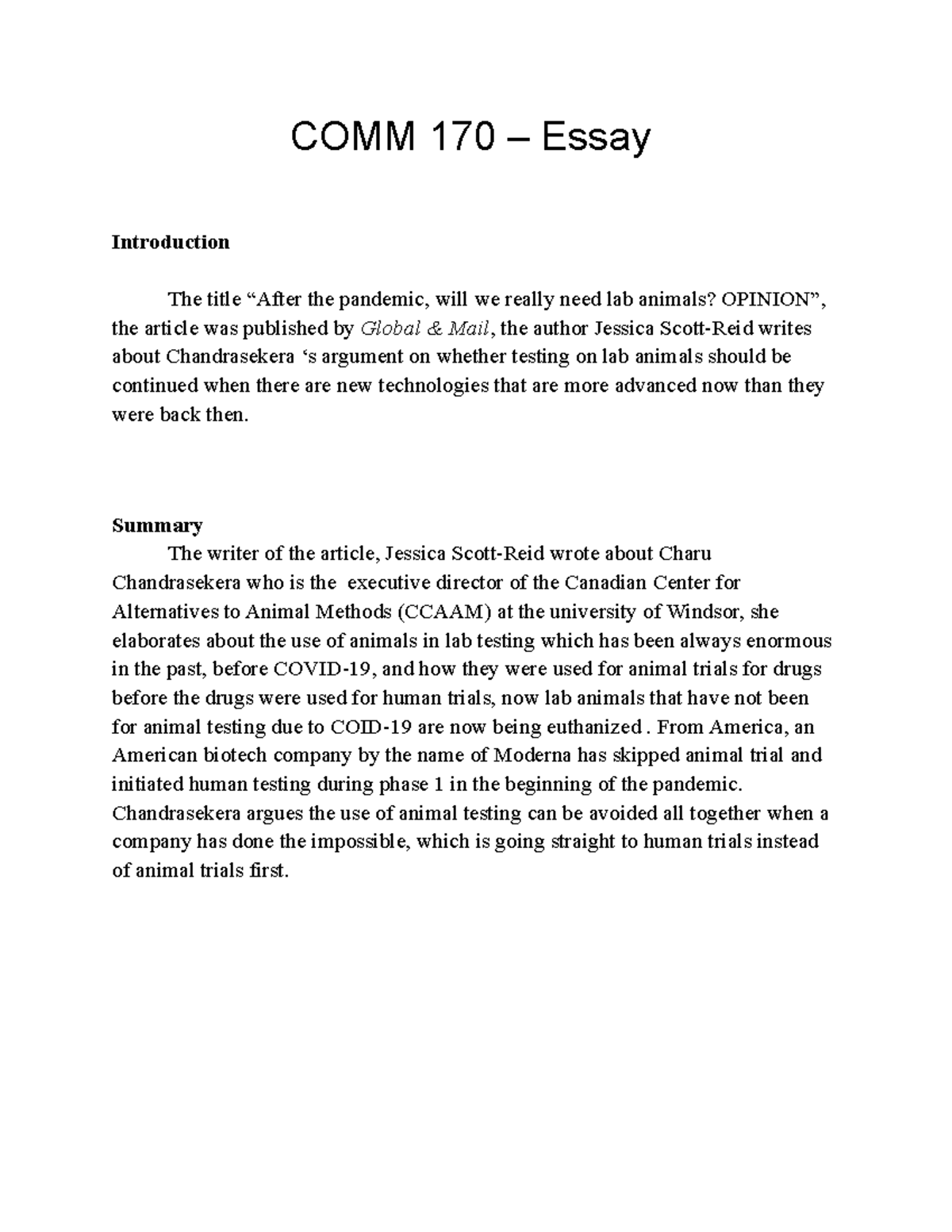Critical Essay Final Draft - COMM 170 – Essay Introduction The title “After the pandemic, will ...