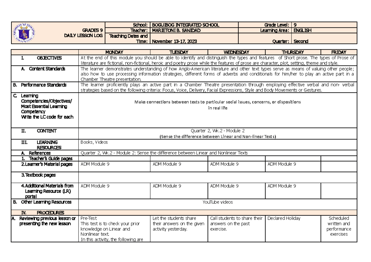 Q2 English 9 November 13-17, 2023 - GRADES 9 DAILY LESSON LOG School ...