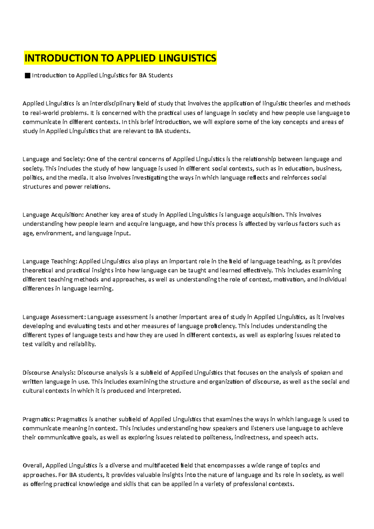 Introduction to Applied linguistics - It is concerned with the practcal ...