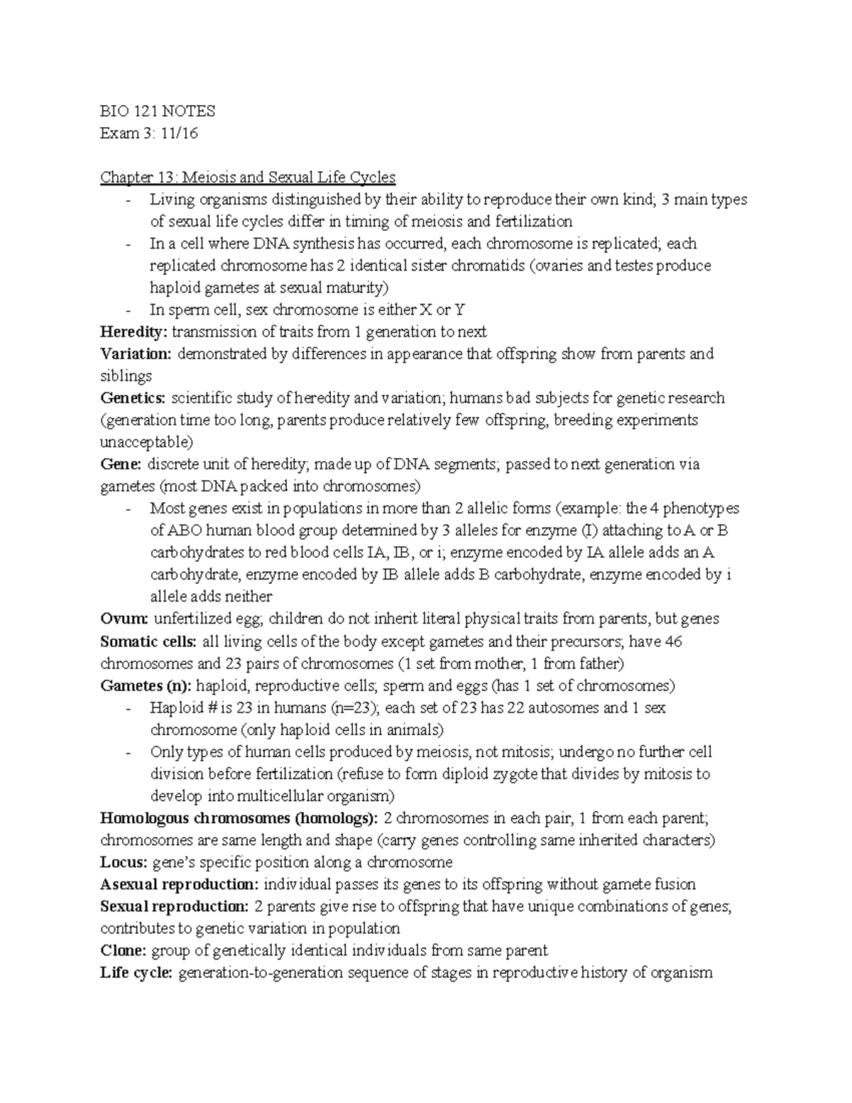 BIO 121 EXAM 3 Notes - BIO 121 NOTES Exam 3: 11/ Chapter 13: Meiosis ...