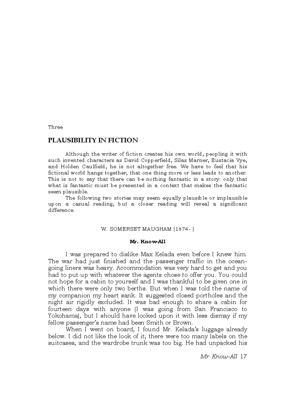 Plausibility IN Fiction - Mr. Know-All 17 Three PLAUSIBILITY IN FICTION ...