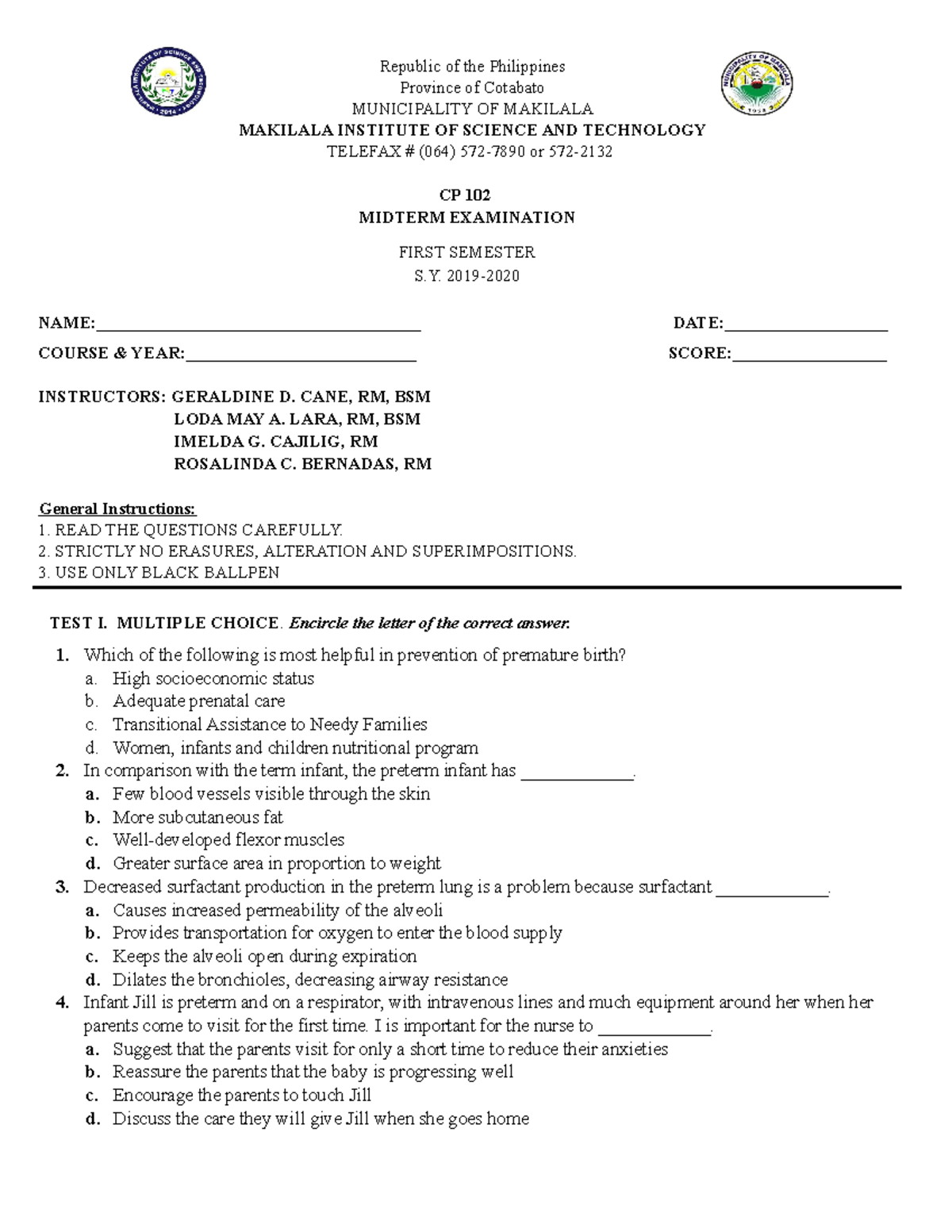 MIDTERM EXAM 3 August 2019, questions and answers - Republic of the ...