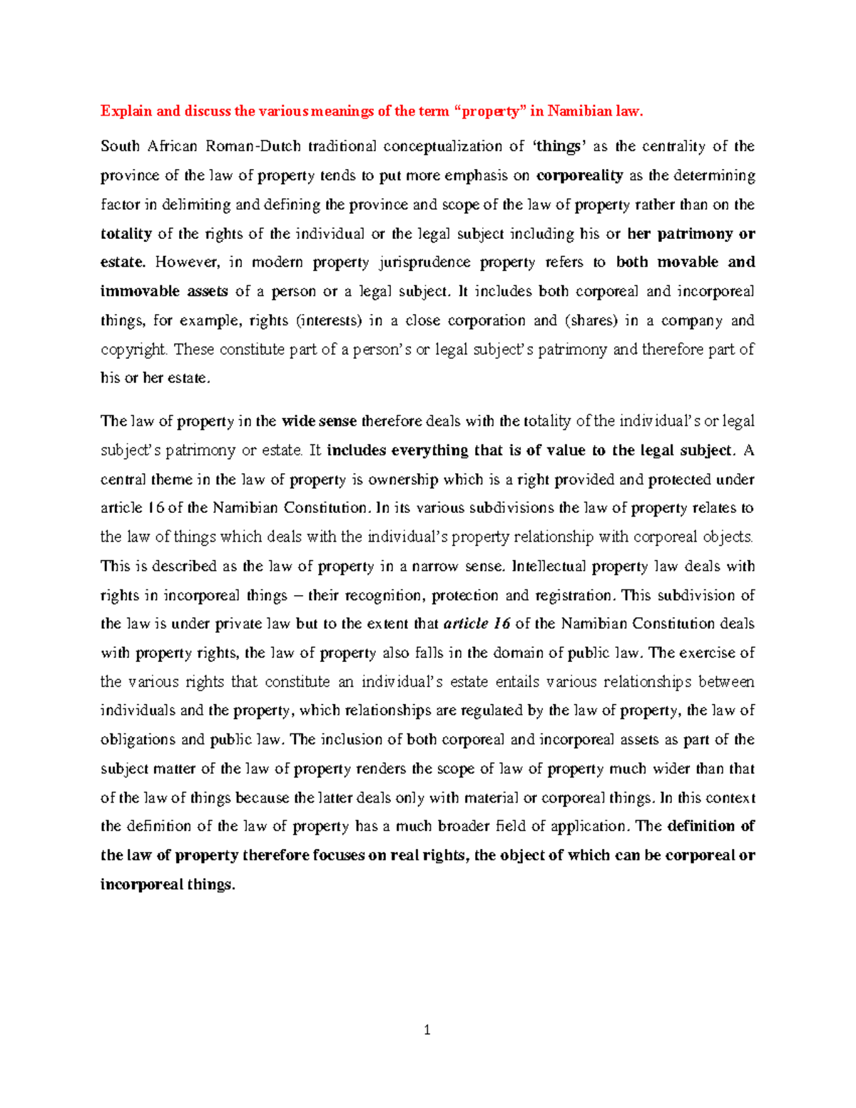 Law of Property Q and A - Course summaries - Explain and discuss the various meanings of the ...