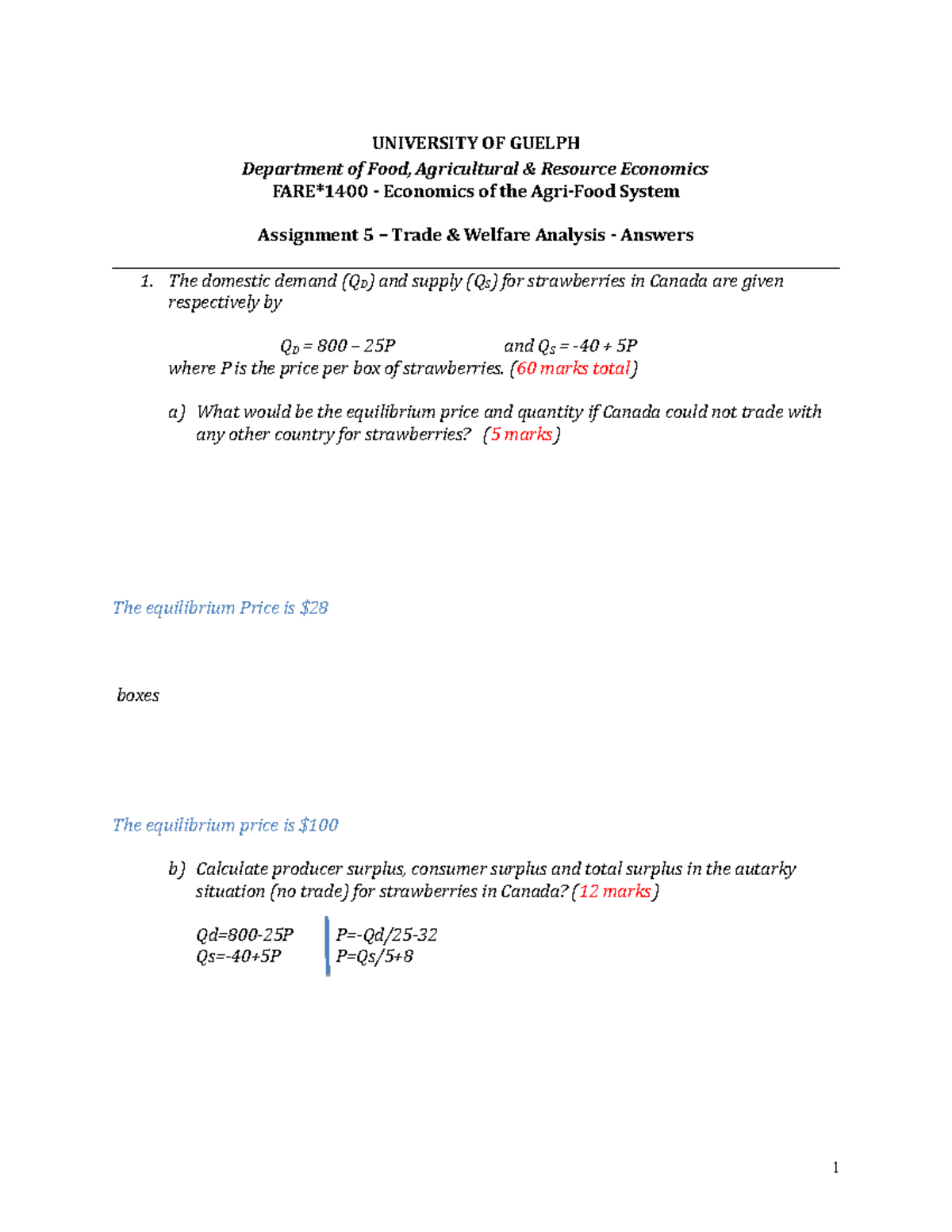 Assignment 5 questions W2022 - FARE 1400 - U of G - Studocu