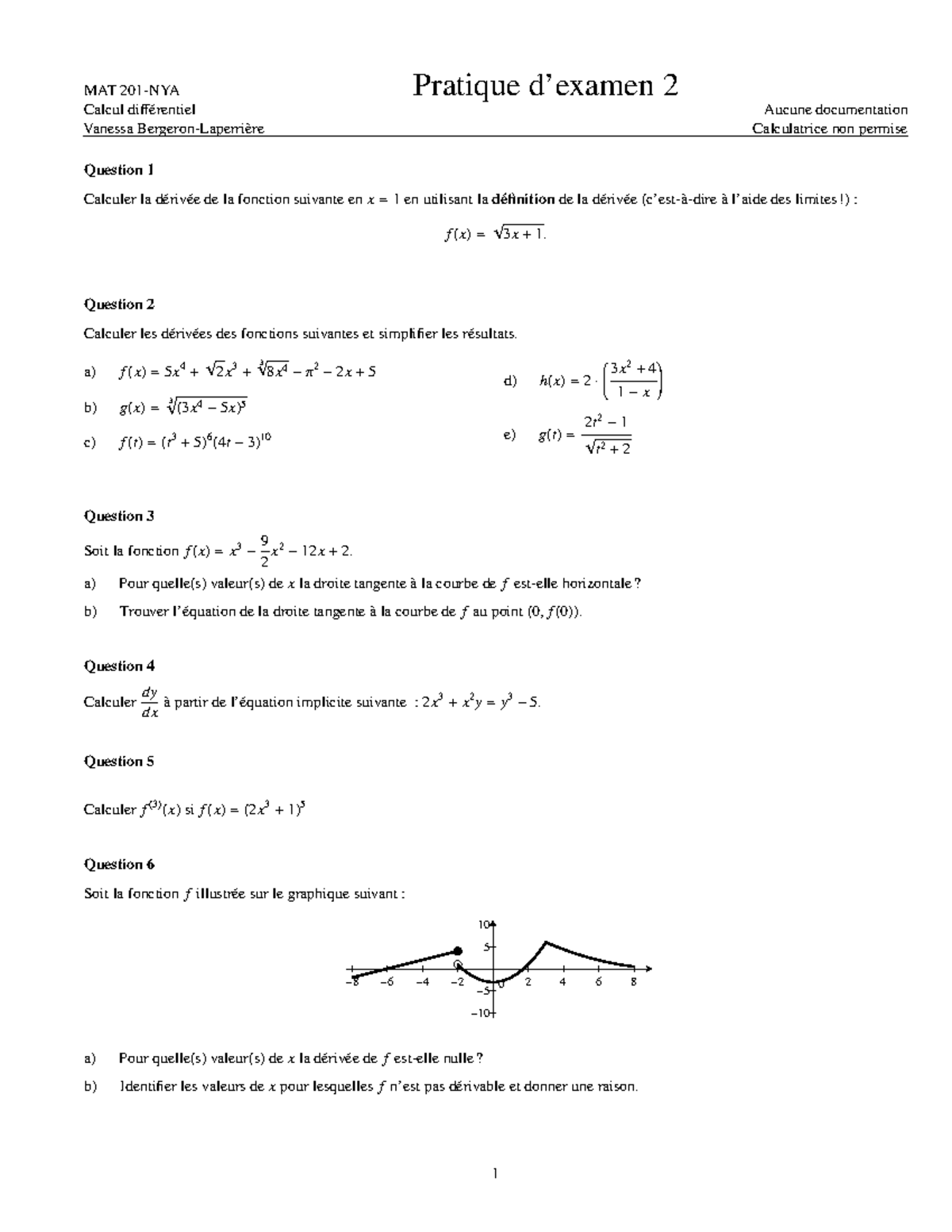 Pratique Examen 2 - merci - MAT 201-NYA Pratique d’examen 2 Calcul différentiel Aucune ...