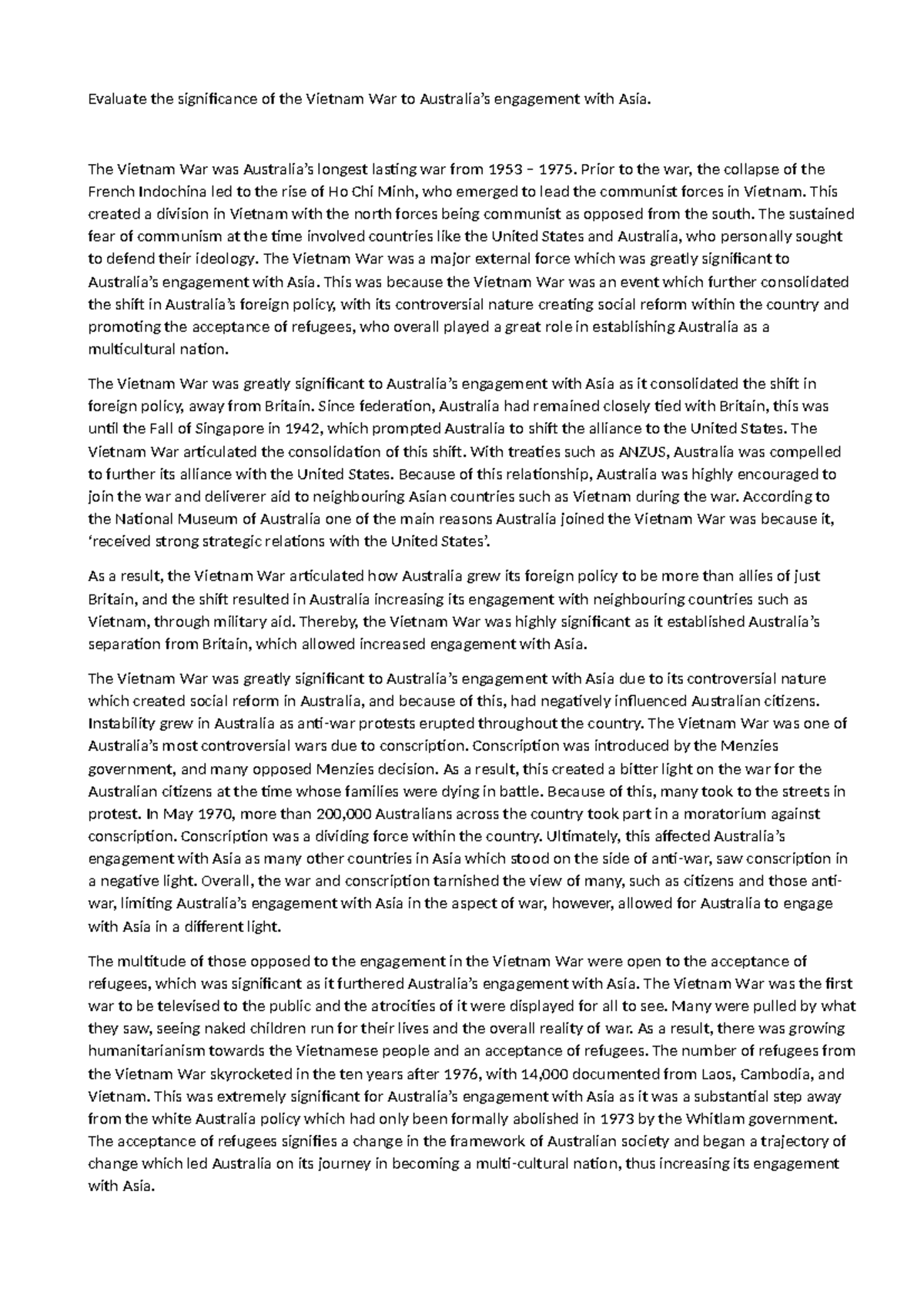 Evaluate the significance of the Vietnam War to Australia’s engagement ...