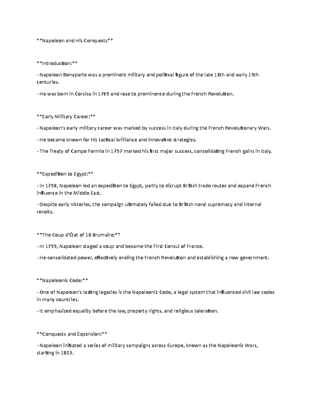 Napoleon and His Conquests Notes - Napoleon and His Conquests ...