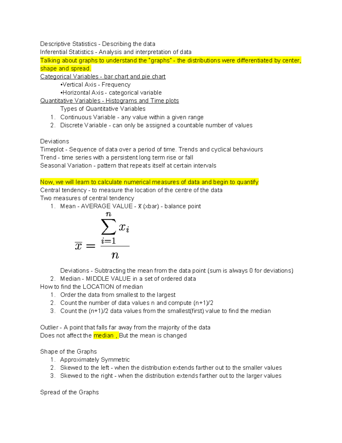Unit 1 Notes - Descriptive Statistics - Describing the data Inferential ...