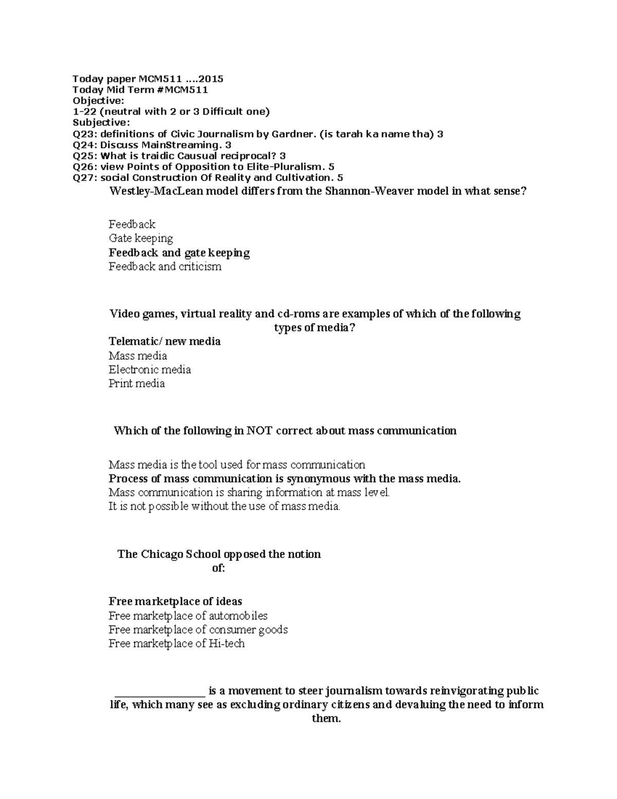 Midterm-27 - Easy notes. - Today paper MCM511 .... Today Mid Term #MCM ...