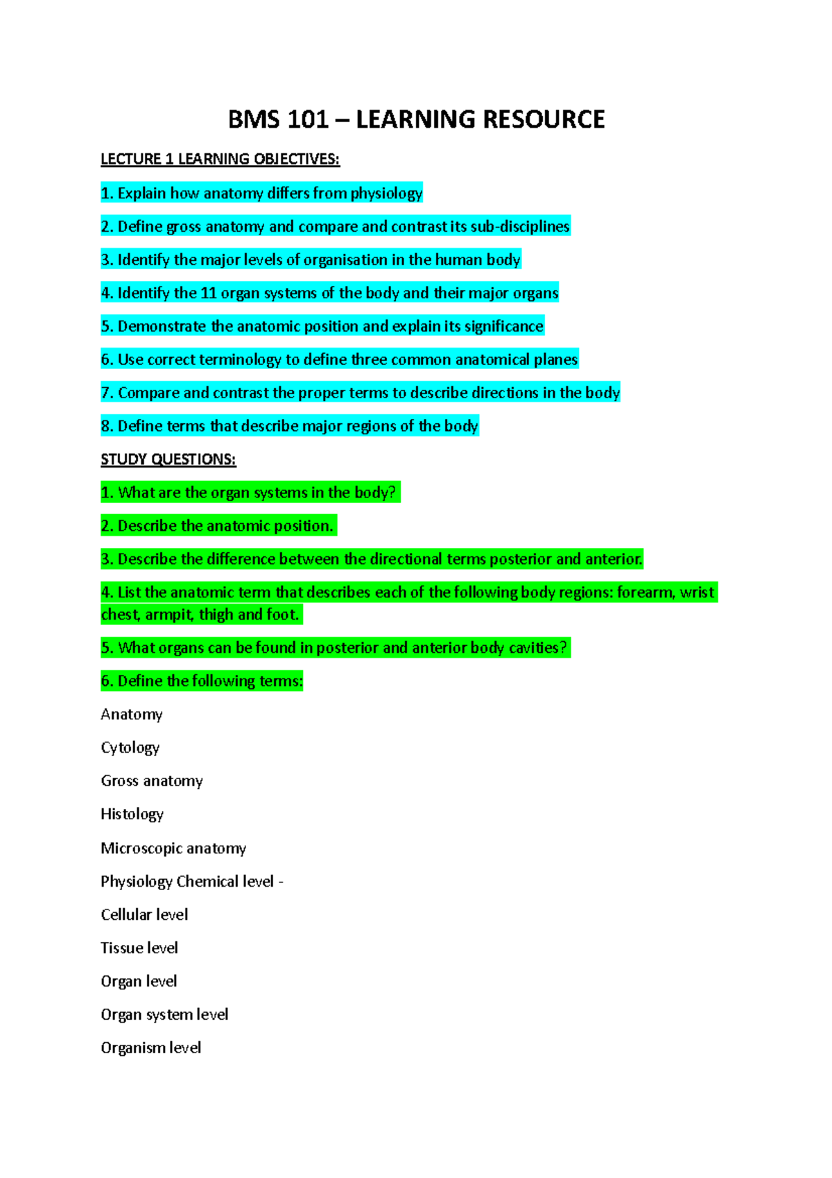 BMS 101 Complete Learning Resource Worksheet - BMS 101 – LEARNING RESOURCE LECTURE 1 LEARNING ...